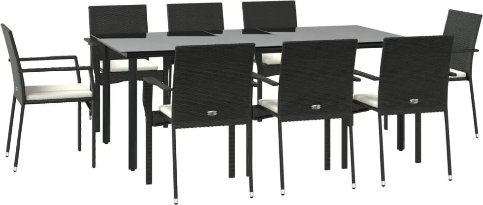 9dílný zahradní jídelní set s poduškami černý polyratan 3185136