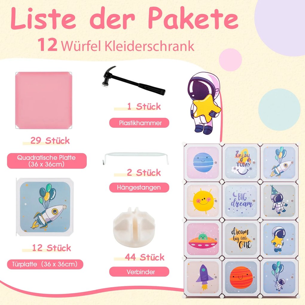 Costway Dětská šatní skříň s 2 závěsnými sekcemi a 12 kostky Roztomilý kreslený