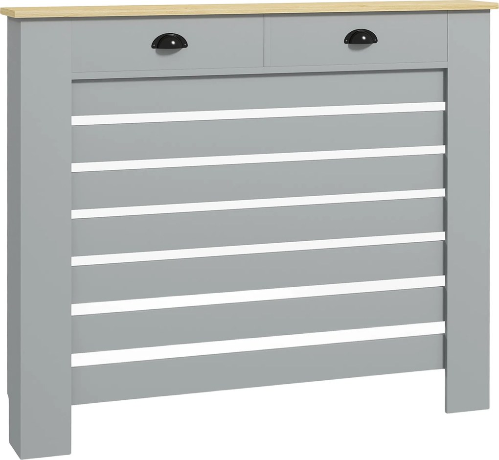HOMCOM kryt radiátoru s lamelami z MDF, mřížkový kryt se 2 zásuvkami, 111x19x95,5 cm, šedý