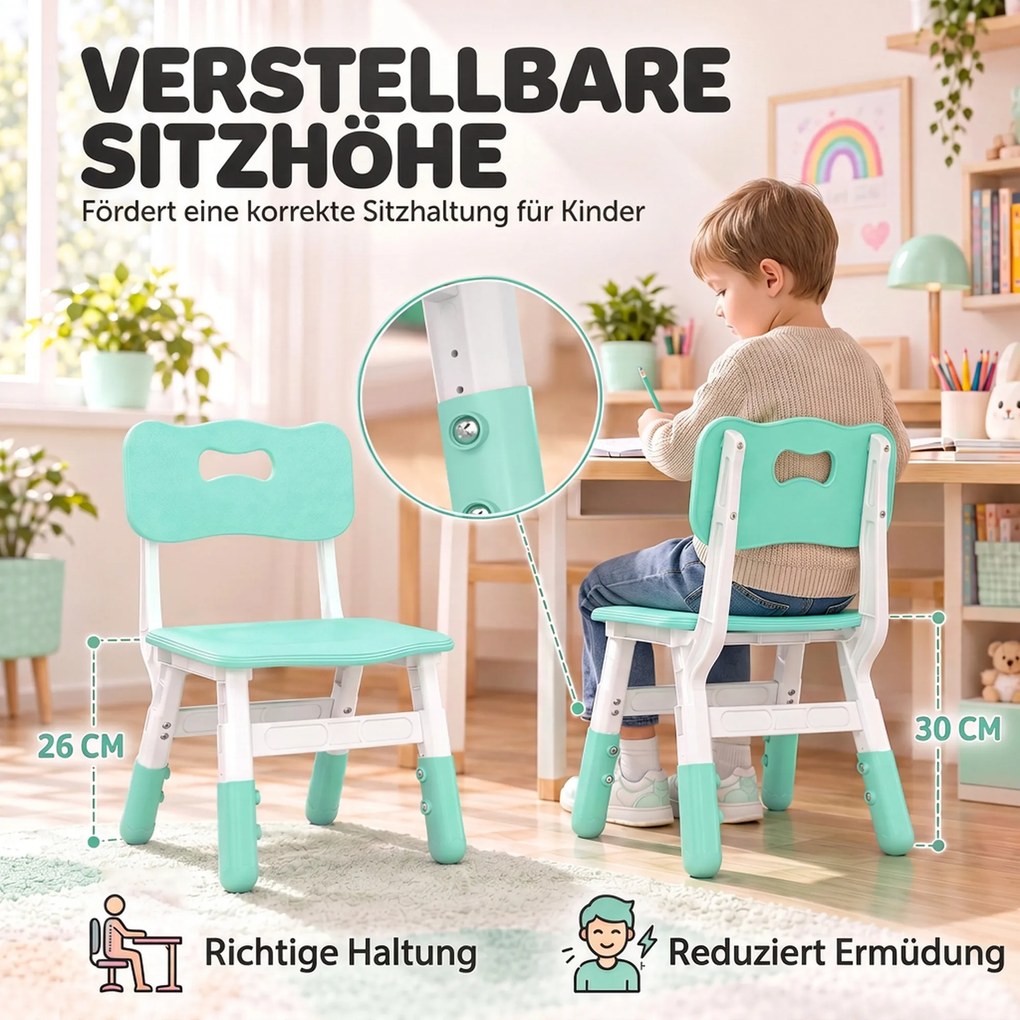 AIYAPLAY dětská židle k psacímu stolu, 2kusová sada, výškově nastavitelná 26-30 cm, ergonomické opěradlo, bez područek pro 1,5–8 let, zelená