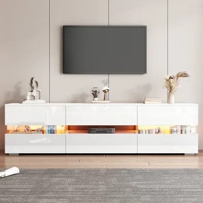 Aosom Moderní vysokolesklá TV skříňka s LED osvětlením, otevřený prostor, akrylový skleněný vložka, otvírání tlačítkem, bílá