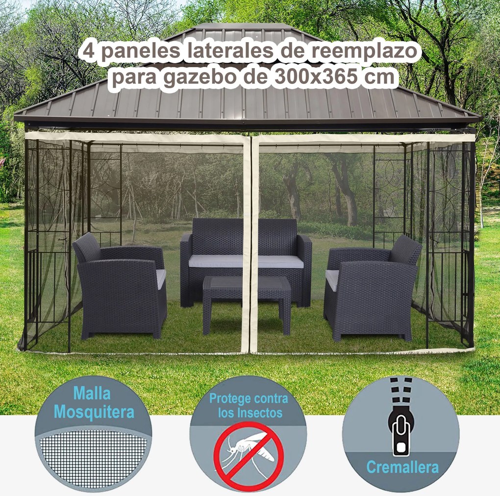 Outsunny 4 boční panely 3,4x2 m pro zahradní altán, síťovina s zipy a kroužky, černá