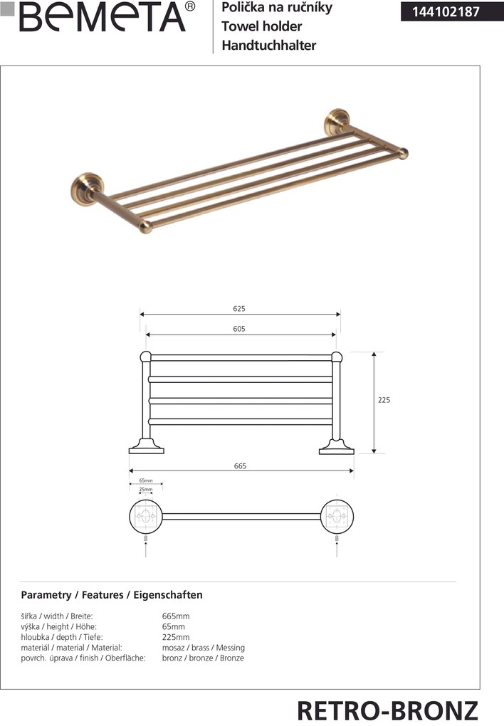 Bemeta Design RETRO bronz: Držák ručníků, 605 mm -