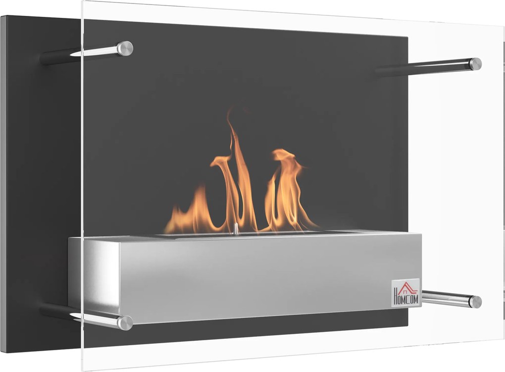 HOMCOM Nástěnný Bioetanolový Krb Ethanolová Kamna Kapacita 1,5 L, 3 Hodiny Hoření, Nerezová Ocel pro 20-25 m² 60x22x40 cm Černá