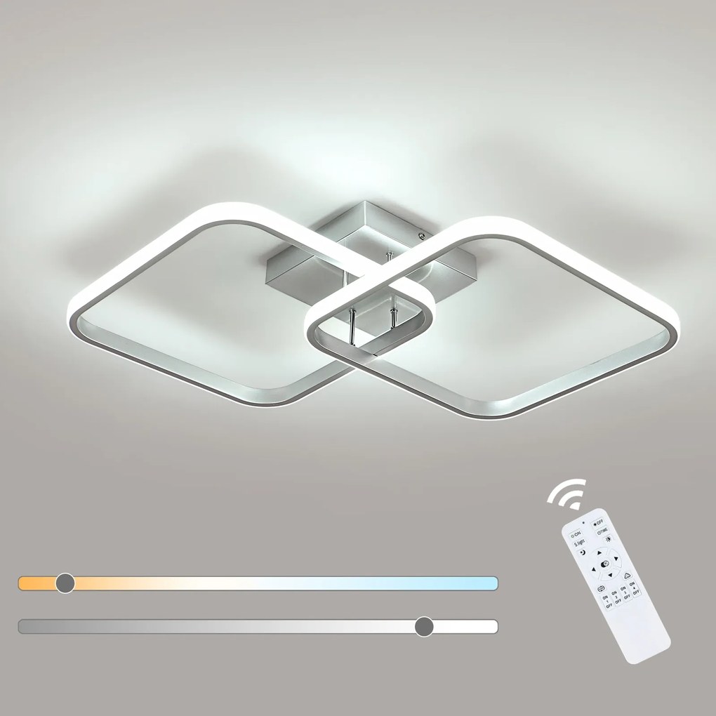 Lampa Sufitowa Led Zyrandol Kwadrat Srebrny Z Pilotem Nowoczesny 50W