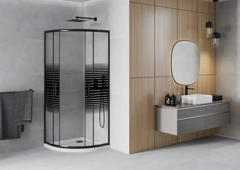 Mexen Rio, čtvrtkruhový sprchový kout s posuvnými dveřmi 80 (dveře) x 80 (dveře) x 190 cm, 5mm čiré sklo s pásky, černý profil + bílá sprchová vanička SLIM, 863-080-080-70-20-4110B