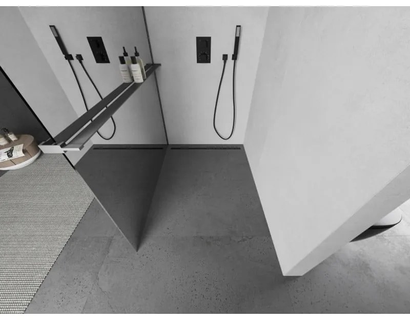 Mexen Kioto+ L, sprchová zástěna Walk-in s poličkou a věšákem 90 x 200 cm, 8mm sklo vzor zrcadlo, grafitový profil, 800-090-123-95-50