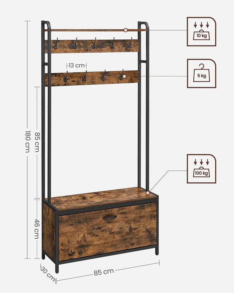 Věšák s úložným prostorem na boty, předsíňová stěna s lavicemi, 85x30x180cm, rustikální hnědá a černá