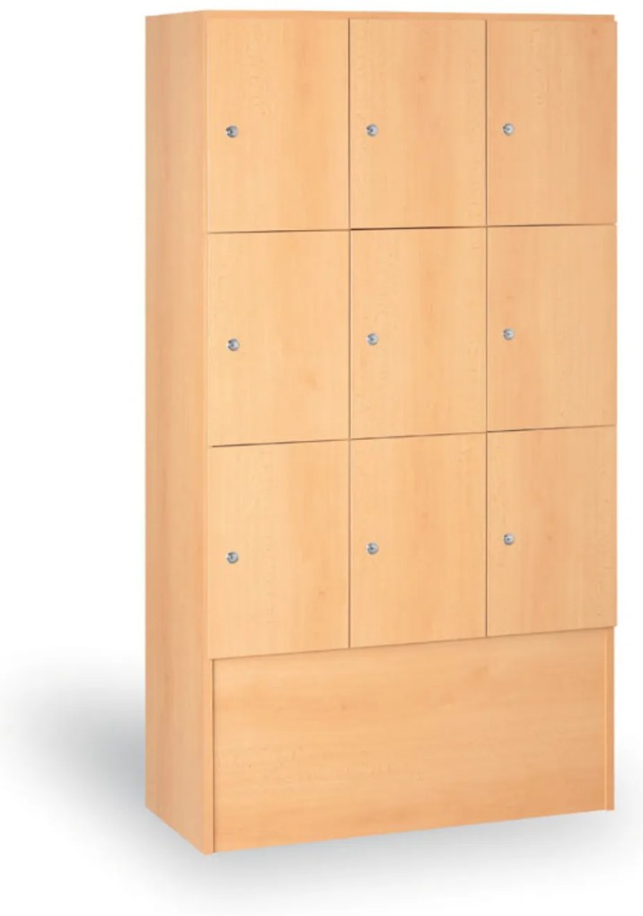 Dřevěná šatní skříňka S5 s odkládacími boxy, 9 boxů, 1700 x 900 x 420 mm, cylindrický zámek, buk