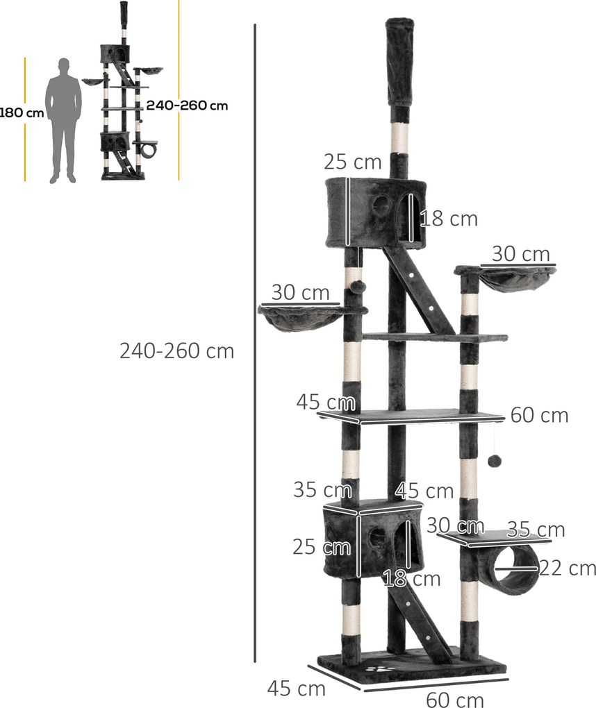 Škrabadlo pro kočky PawHut 240-260 cm vysoké pro velké kočky, šplhací strom se sisalovým lanem v tmavě šedé barvě pro hru a relaxaci | Aosom.de