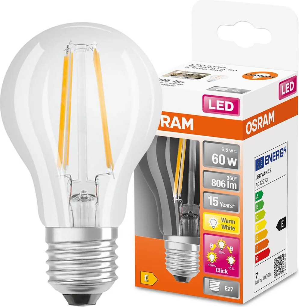 Stmívatelná LED žárovka E27 OSRAM 3-STEP DIM 6,5W 2700K 806LM