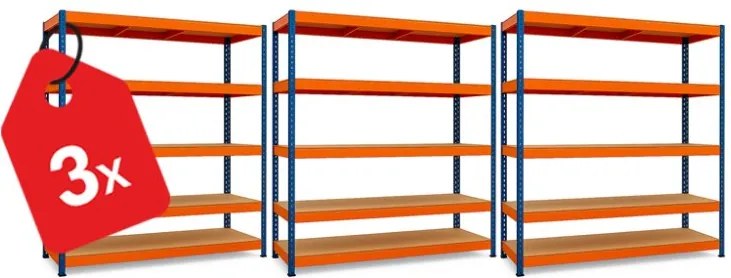 Akce 3x Regál 216x180x50 cm profesionální 5-policový, nosnost 1500 kg - modro-oranžový