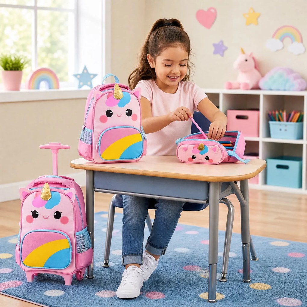 Costway Dětský školní batoh Unicorn s kolečky 3-dílná sada rolovacích batohů