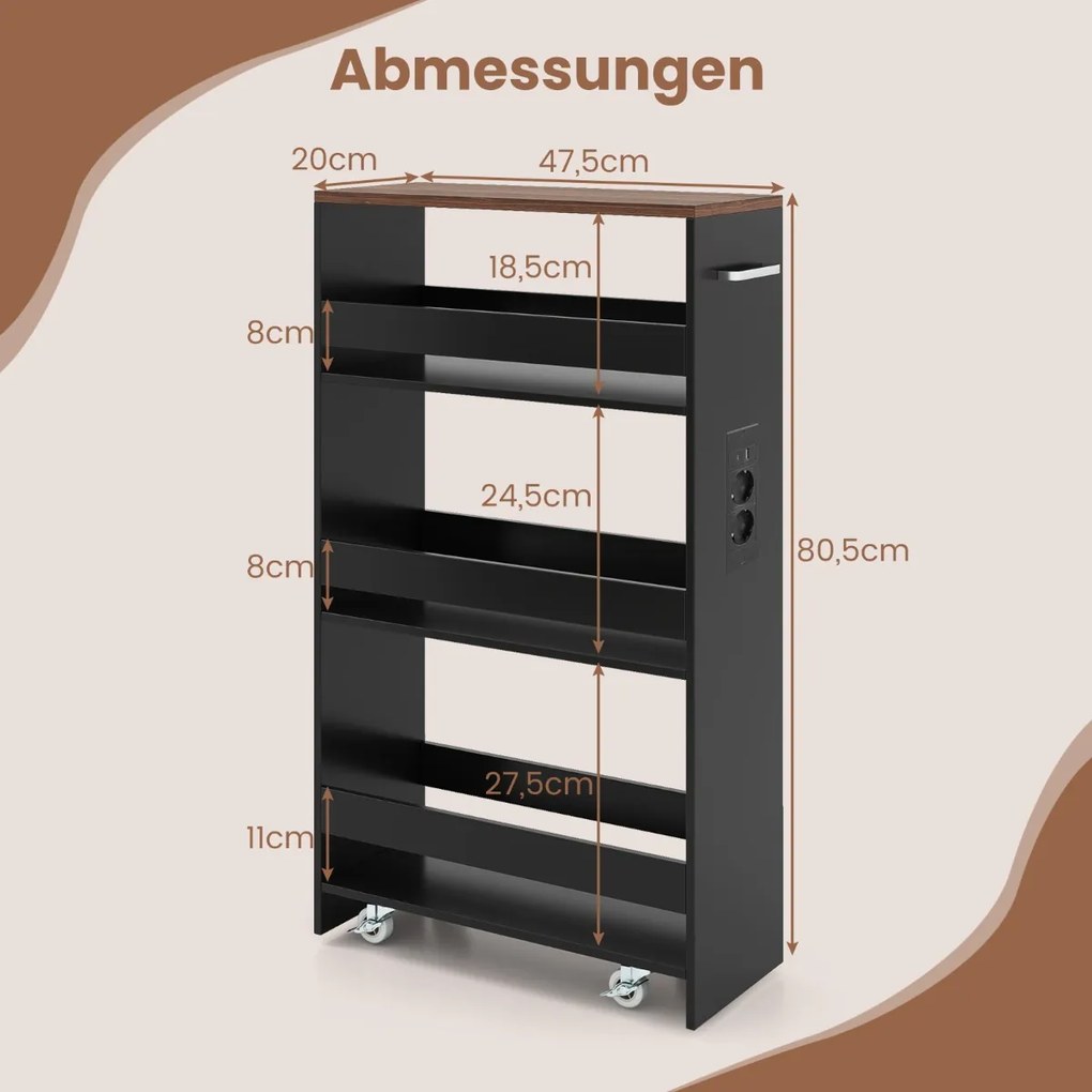 Costway 20 cm tenký úložný vozík s nabíjecí stanicí 4patrový skládací kuchyňský