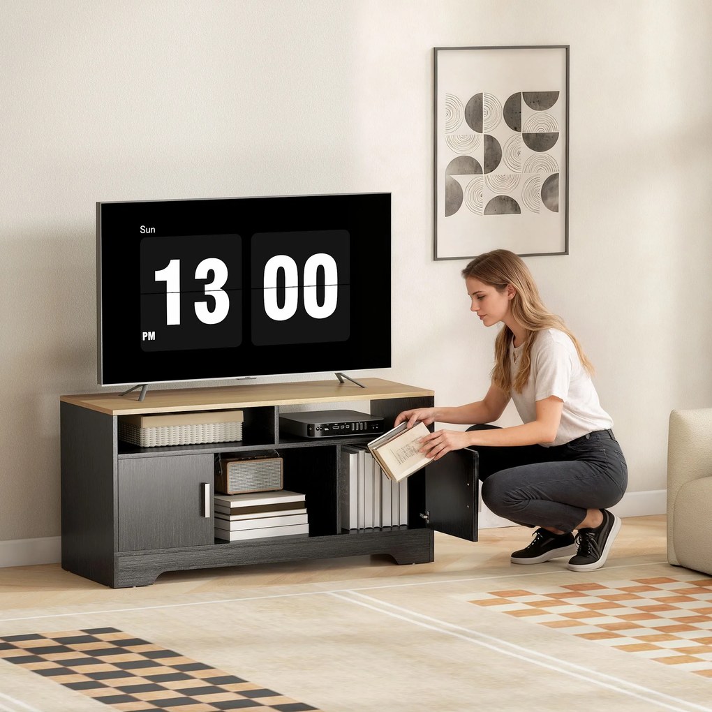 HOMCOM TV stolek ze dřeva s 2 nikami, 2 skříňkami s dvířky, 1 otevřenou skříňkou, 105 x 40 x 52 cm, černý dekor dřeva