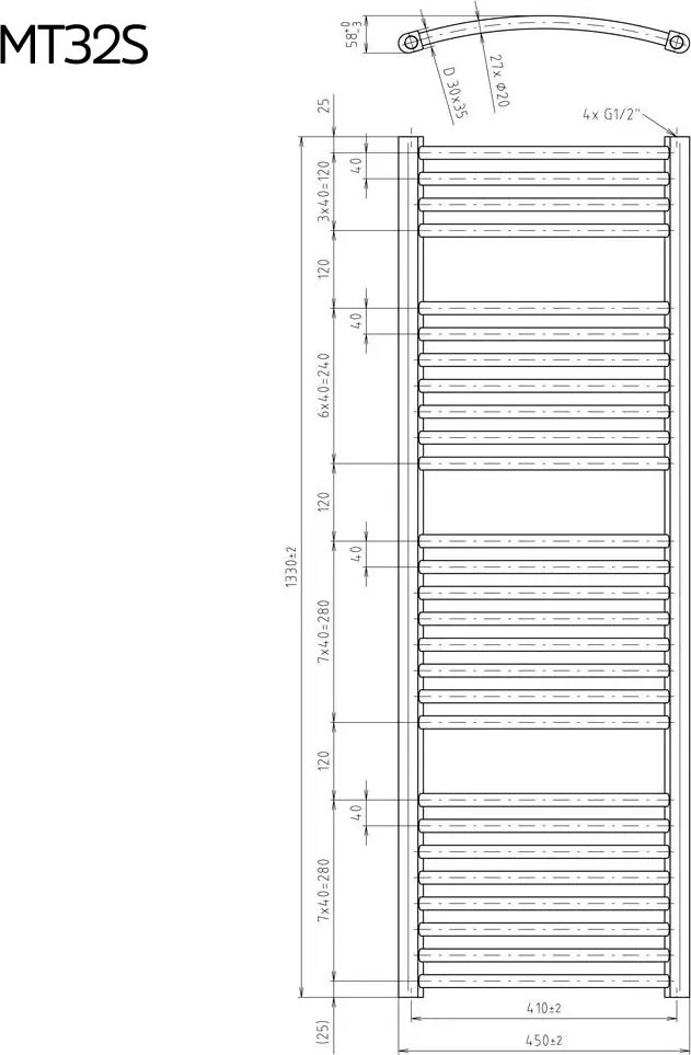 Mereo Mereo, Otopný žebřík oblý, bílý, středové připojení, MT32S