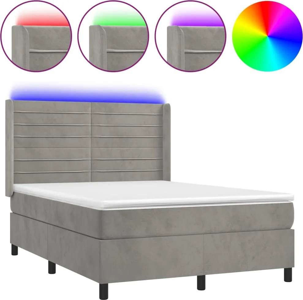 Box spring postel s matrací a LED světle šedá 140x200 cm samet 3139625