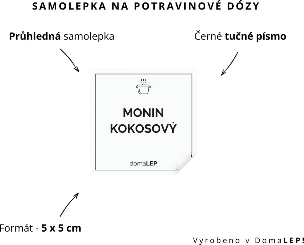 MONIN KOKOSOVÝ - omyvatelná samolepka na dózu, výběr rozměrů Ø 5 cm / 5 x 5 cm / 6 x 8 cm | DomaLEP tvar: OBDÉLNÍK, barva: PRŮHLEDNÁ - ČERNÉ písmo, velikost: š. 6 cm x v. 8 cm - tučné písmo