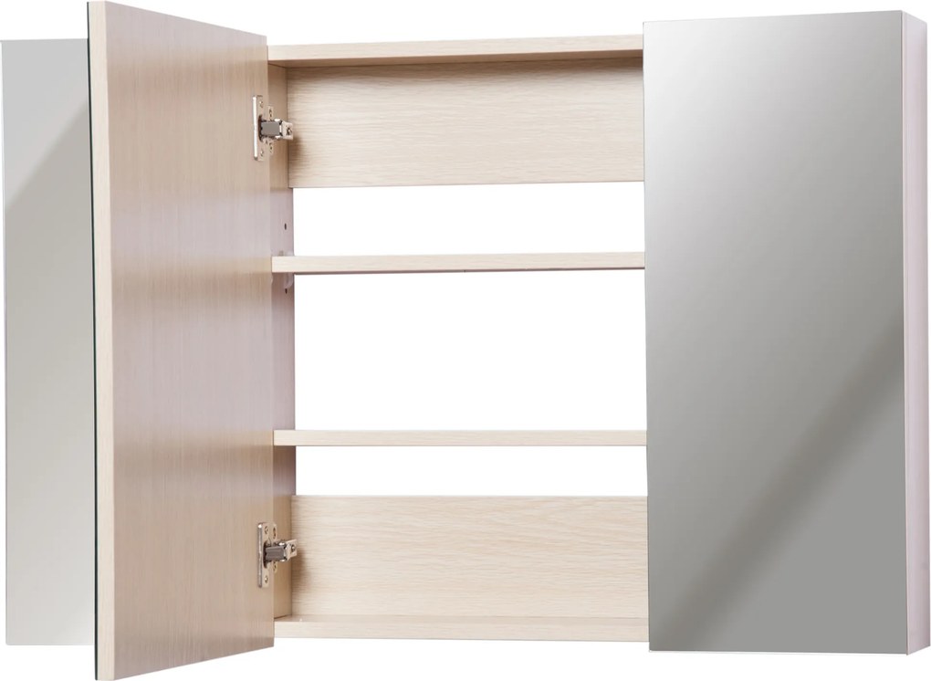 Koupelnová skříňka s zrcadlem kleankin - moderní skříňka se zrcadlem a 3 dveřmi s nastavitelnými policemi pro koupelnu a ložnici, 90x60x13.5 cm, dub
