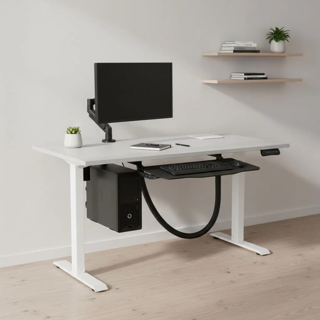 Výškově nastavitelný stůl OfficeTech B, 140 x 80 cm, bílá podnož, světle šedá