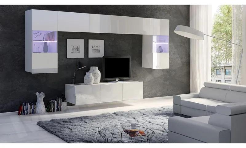Obývací stěna Bralani II, Barva: černá + černá lesk / bílá + bílá lesk, Osvětlení: osvětlení LED - modré