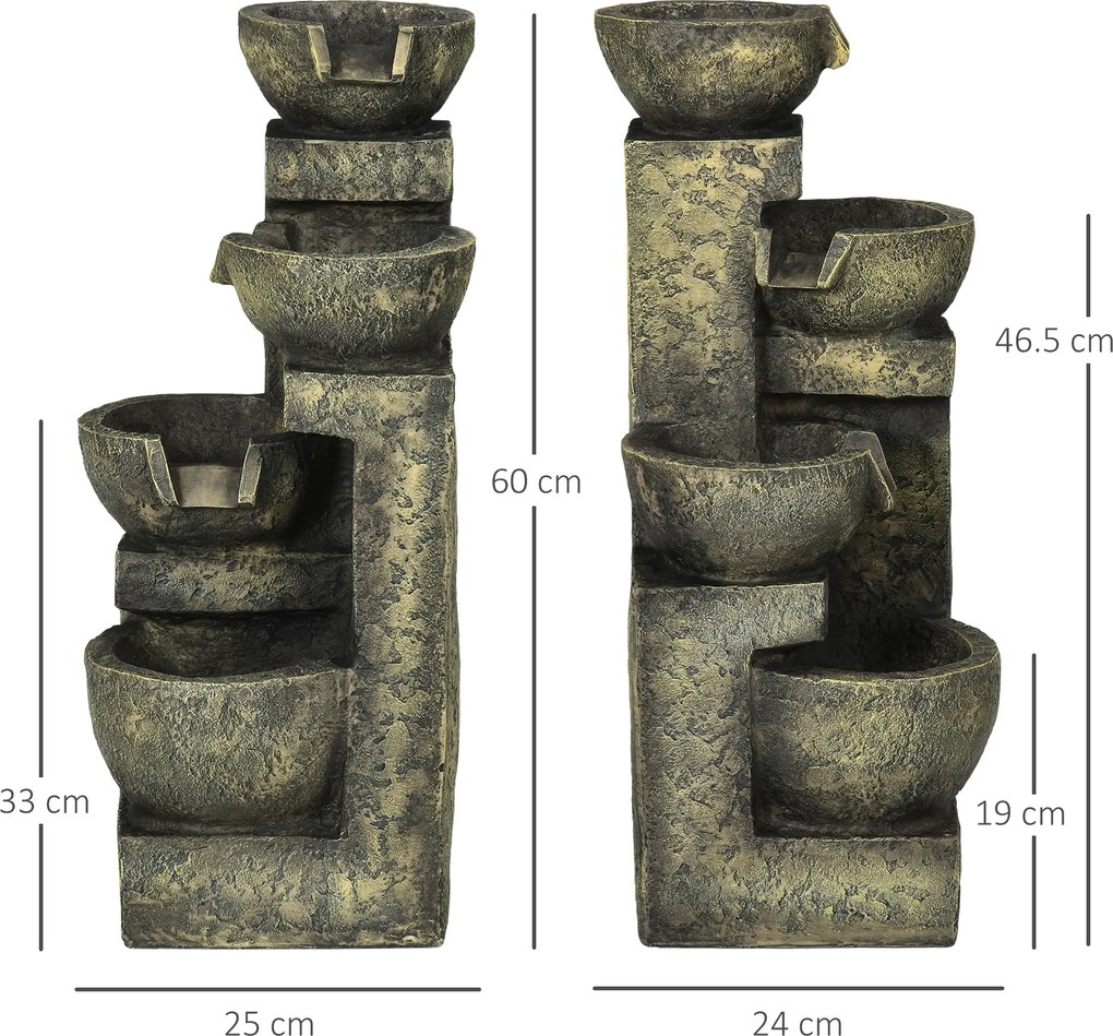 Fontána, 3 nastavení, odolná proti povětrnostním vlivům, 25 cm x 24 cm x 60 cm, šedá barva