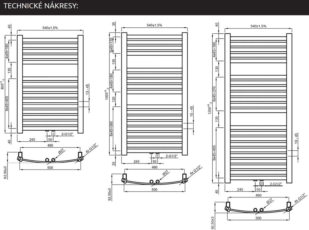 Invena, koupelnový žebříkový radiátor 540x1000 mm 446W, bílá, UG-01-100-A