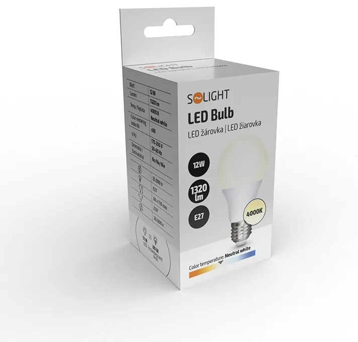 Solight LED žárovka, klasický tvar, 12W, E27, 4000K, 270°, 1320lm