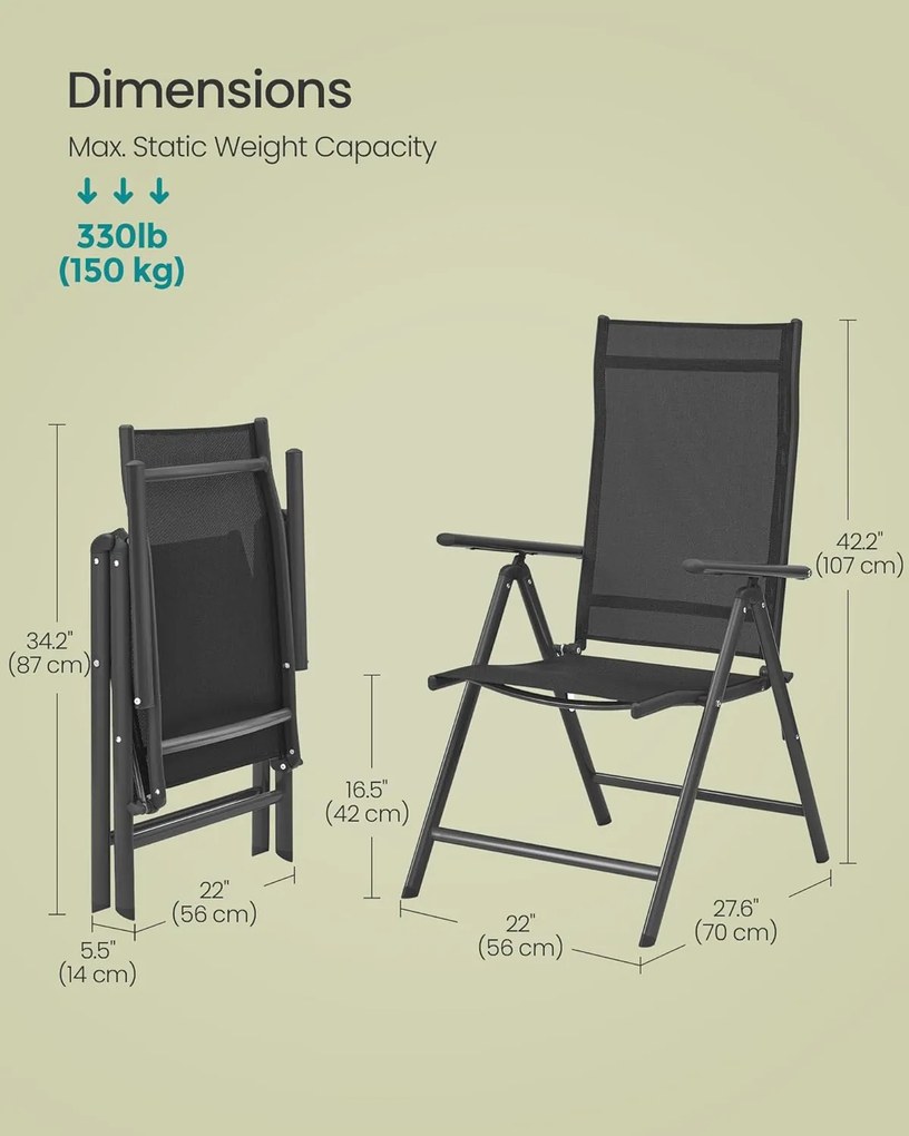 2 ks skládacích zahradních židlí, opěrka sklopná do 8 pozic, max. nosnost 150 kg, černé