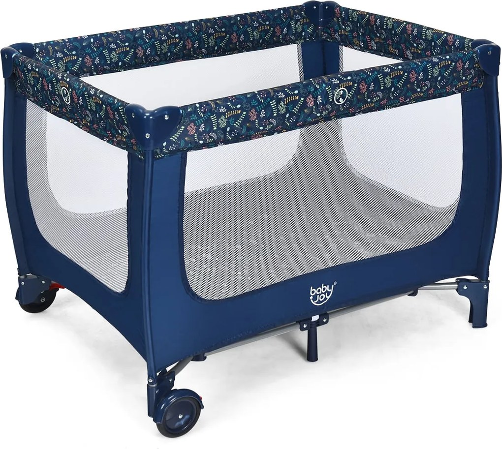 Costway 2 v 1 Cestovní postýlka a ohrádka – 125 × 65 × 76 cm, modrý