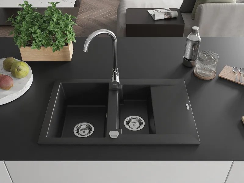 Mexen Gaspar granitový dřez 1,5komorový s odkapávačem 737 x 475 mm, černý, sifon chrom - 6507731505-77