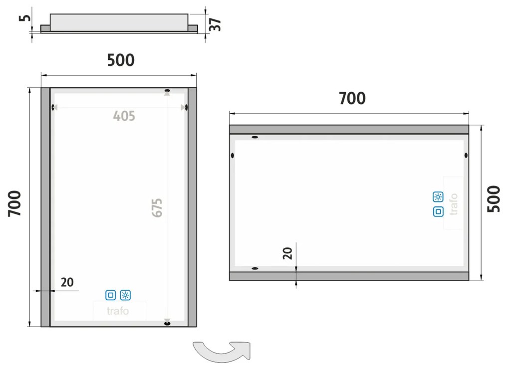 Nimco LED zrcadlo 500x700 se dvěma dotykovými senzory - ZP 11001VX