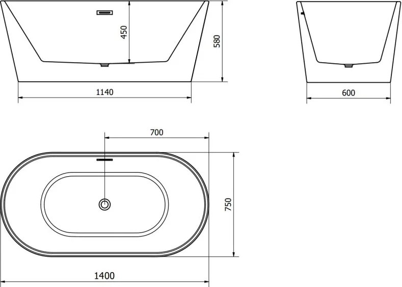Mexen Luna, volně stojící vana 140 x 75 cm, bílá/černá, chromový přepad, 52031407575-01
