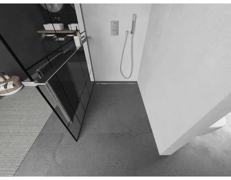 Mexen Kioto+ L, sprchová zástěna Walk-In s poličkou a věšákem 100 x 200 cm, 8mm čiré sklo černý vzor, chromový profil, 800-100-123-01-78