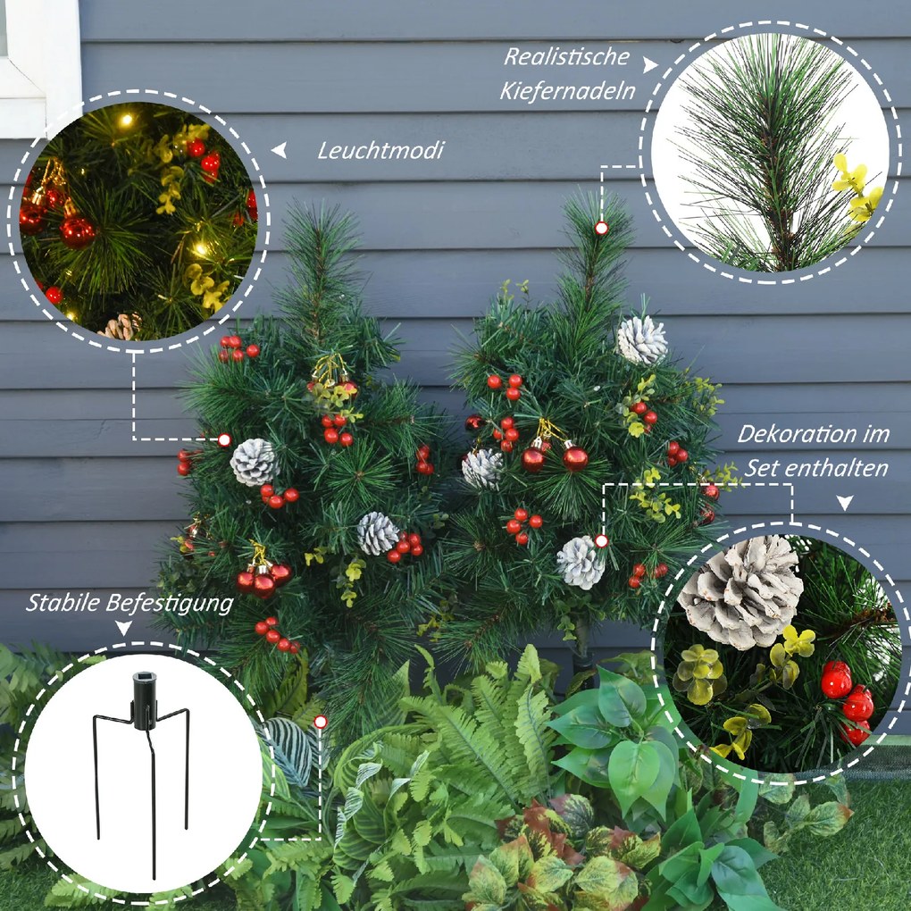 HOMCOM Sada 2 vánočních stromků, umělý mini vánoční stromek s LED světly, plast, kov, rozměry 33 x 75 cm, zelená