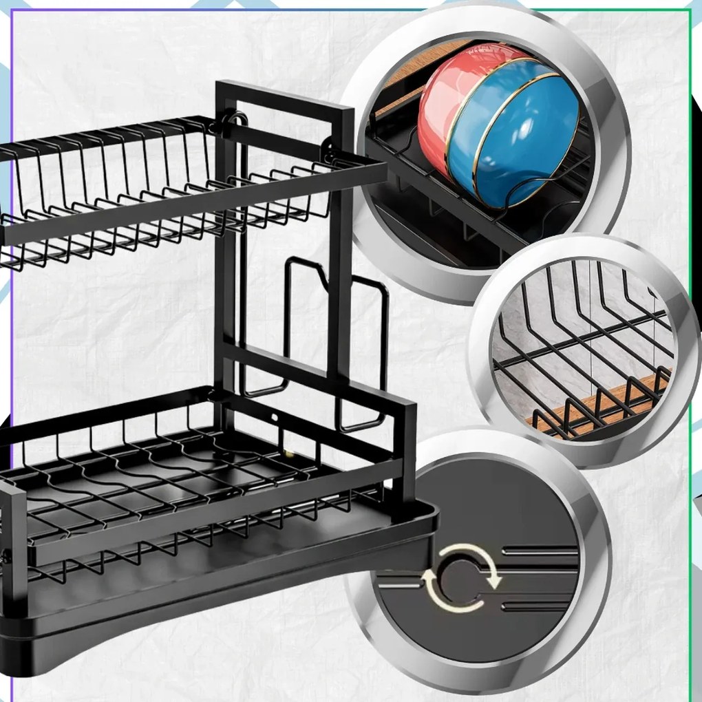 Camerazar Dvoupatrový sušič nádobí, kuchyňský organizér s odkapávačem, černý