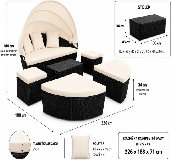 Ratanová zahradní postel ISLAND/PRIMA LUXUS XL černá