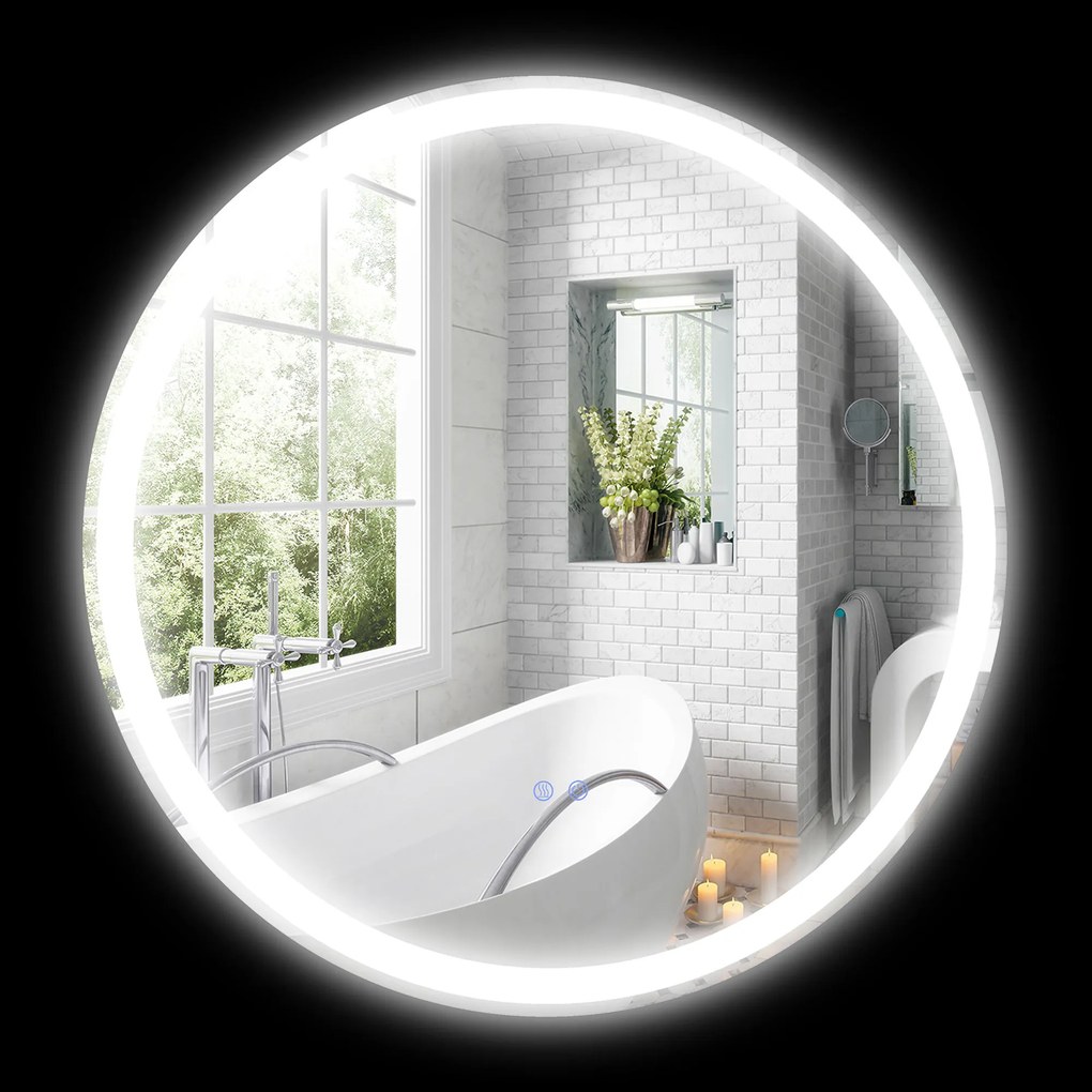 kleankin kulaté LED koupelnové zrcadlo Ø 70 cm, montáž na stěnu s osvětlením 3 barvy, dotykový spínač 23W, bílá/stříbrná