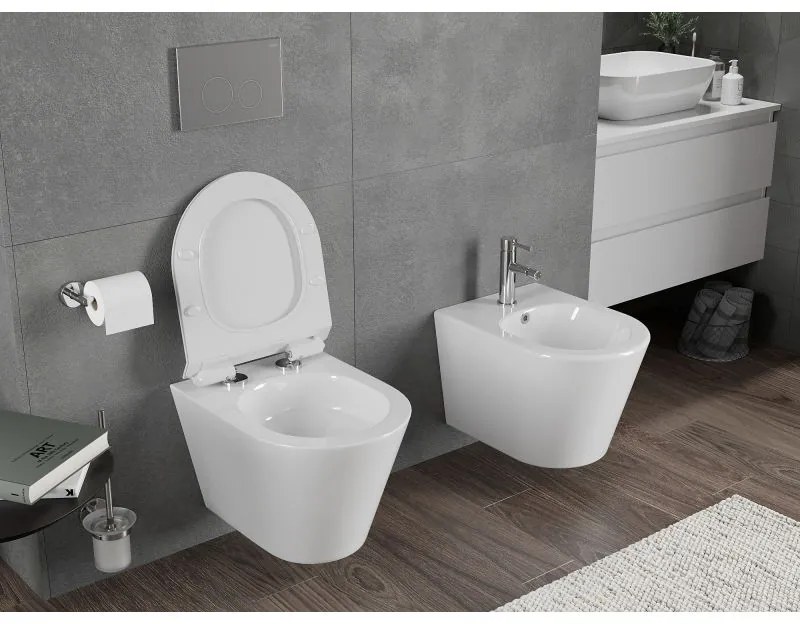 Mexen Rico, závěsná WC mísa 490x360x370 mm, Rimless Tornádo + WC sedátko z duroplastu, bílá lesklá, 30720100T