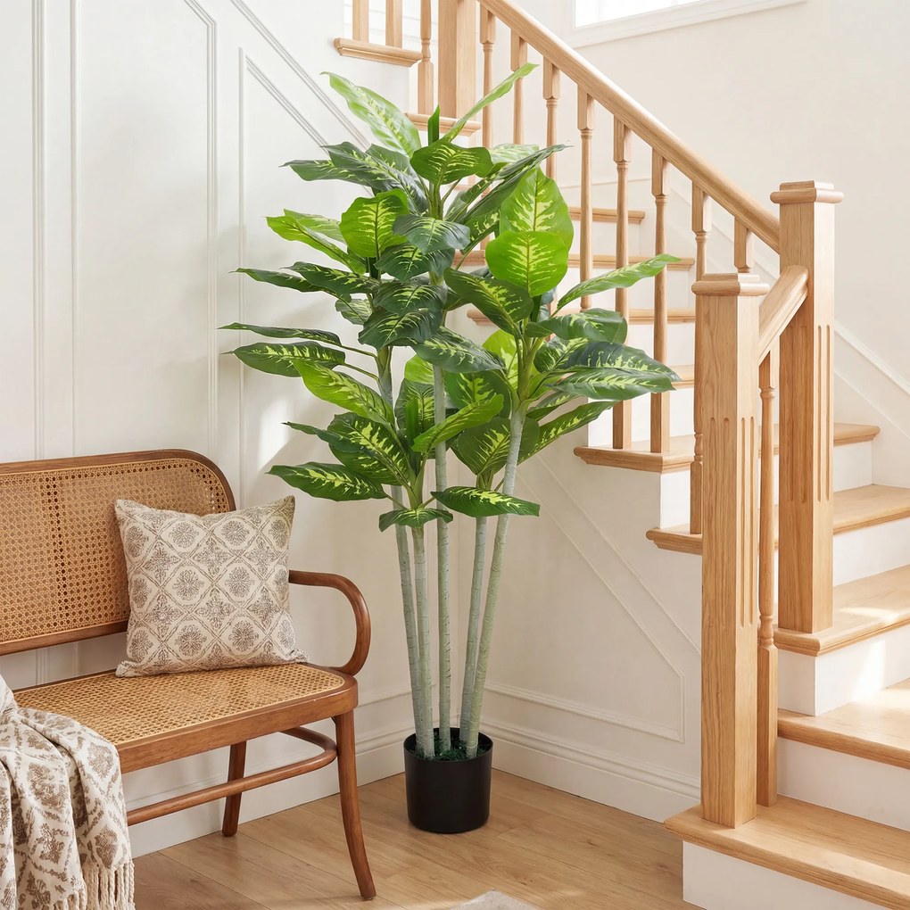 HOMCOM Umělá rostlina Calathea, 150 cm s cementovým květináčem — do interiéru