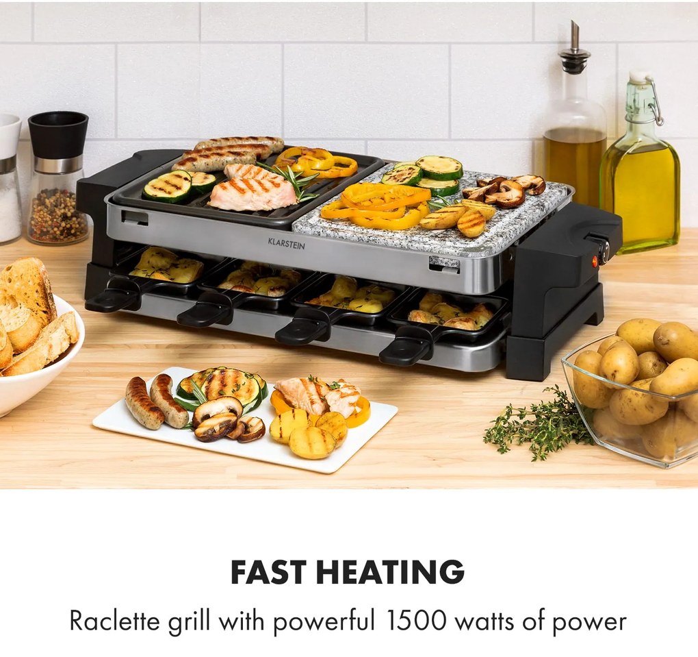 Klarstein Sirlion, raclette gril, 1500W, hliník/kámen, pro 8 osob, kontrolní LED
