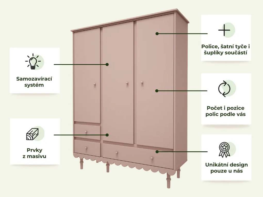 Velká třídveřová šatní skříň do dětského pokoje BABUSHKA korálová