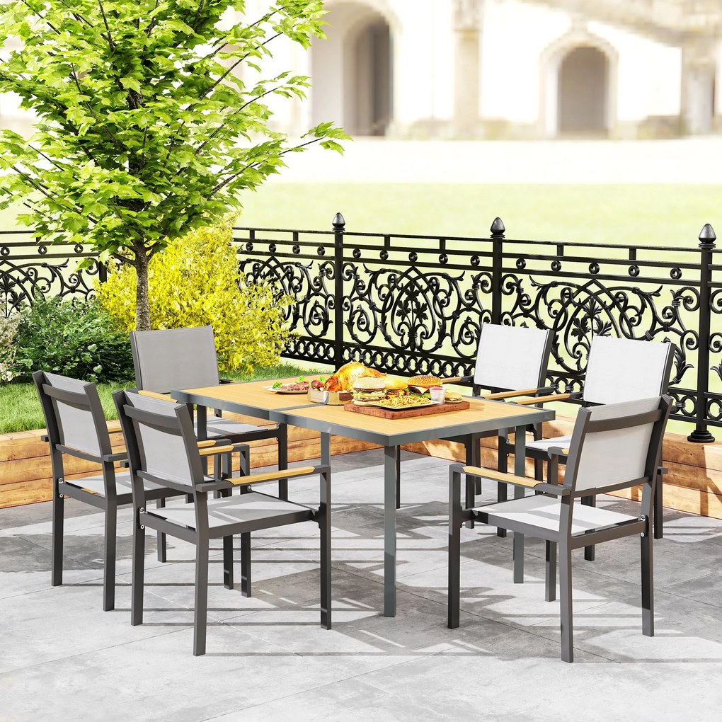 Jídelní stůl Outsunny pro 6 osob, zahradní stůl s obdélníkovým vrchem z oceli s dřevěným efektem, proti rezivění, pro terasu, 150 x 90 x 72 cm, příro…