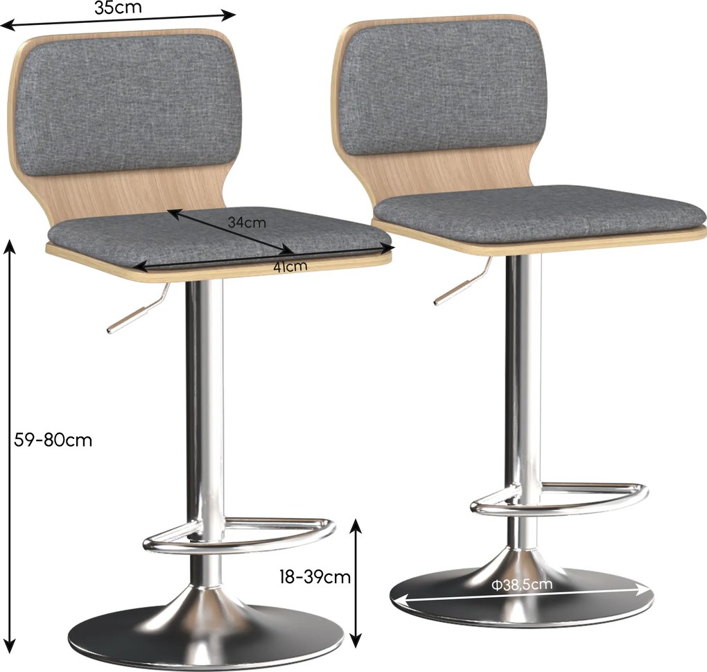 HOMCOM 2dílná sada barových židlí, výškově nastavitelná, s opěradlem a opěrkou nohou, otočná o 360°, 41x47,5x81-102 cm, šedá