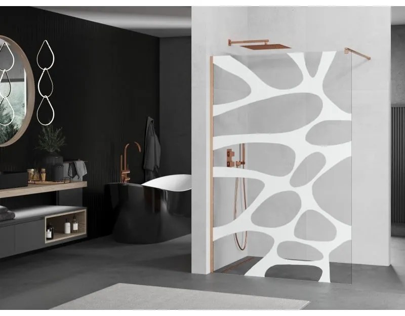 Mexen Kioto, sprchová zástěna Walk-In 100 x 200 cm, 8mm čiré sklo bílý vzor, měděný matný profil, 800-100-101-65-97