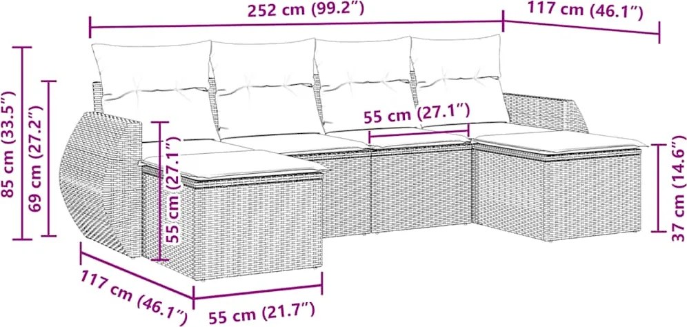 6dílná zahradní sedací souprava s poduškami černá polyratan 3254053