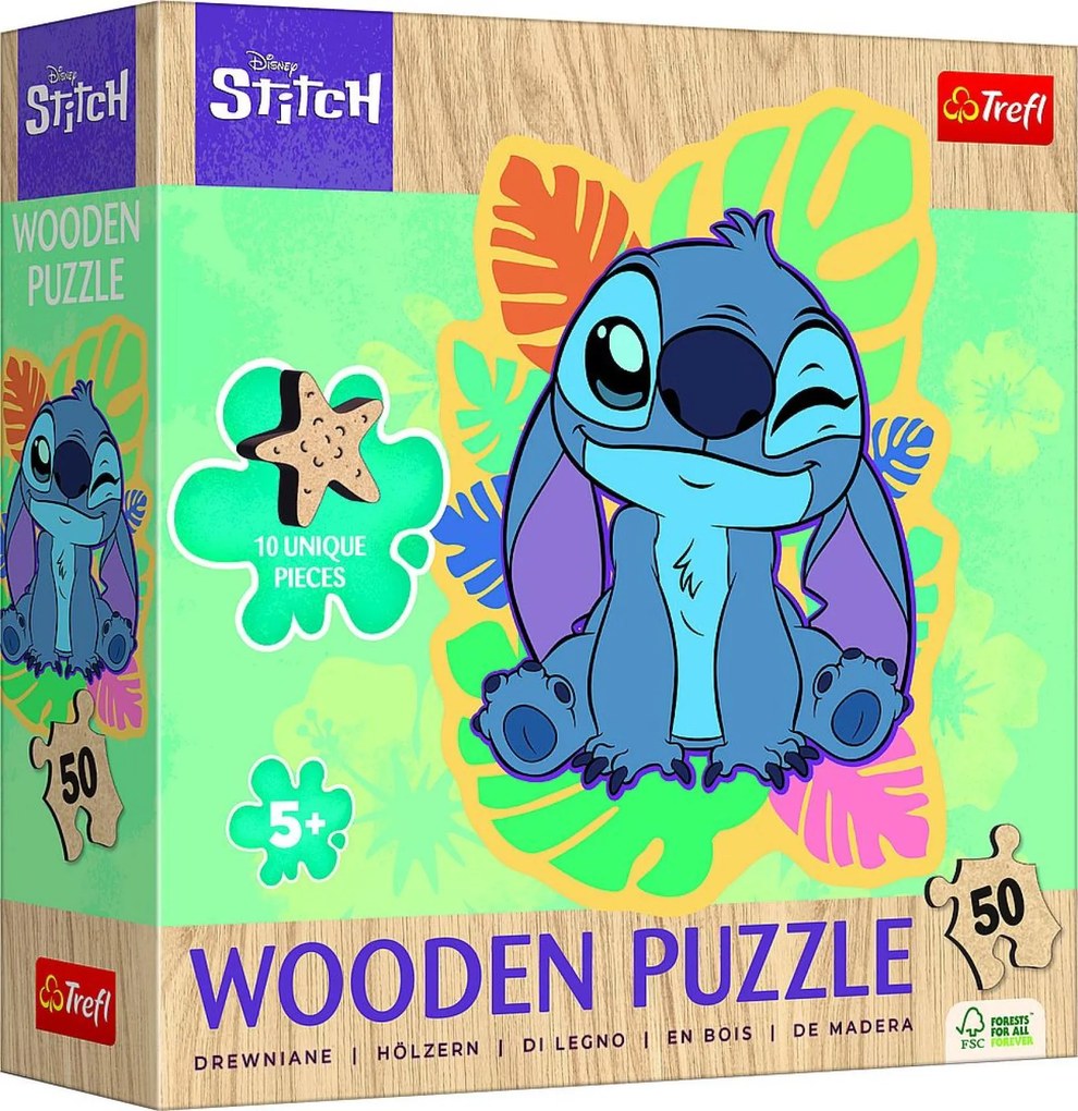 Trefl Puzzle dřevěné nepravidelné tvary Lilo a Stitch 50 dílků 19,8x25,8cm v krabici 20x20x6cm