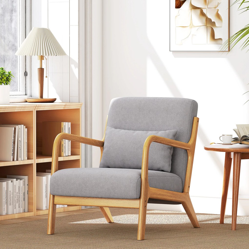 HOMCOM Lounge Křeslo Nordic Křeslo Obývací Pokoj S Rukama Polštář a Rám z Kaučukovníku pro Ložnici Nosnost 120 kg 61x78x76 cm Šedé