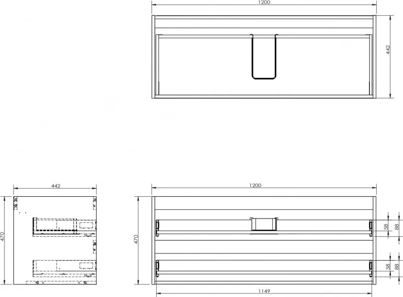 Mexen Box-A, závěsná skříňka 120 cm, 2 zásuvky, grafitová matná, 91AX0-1200-470-2-66