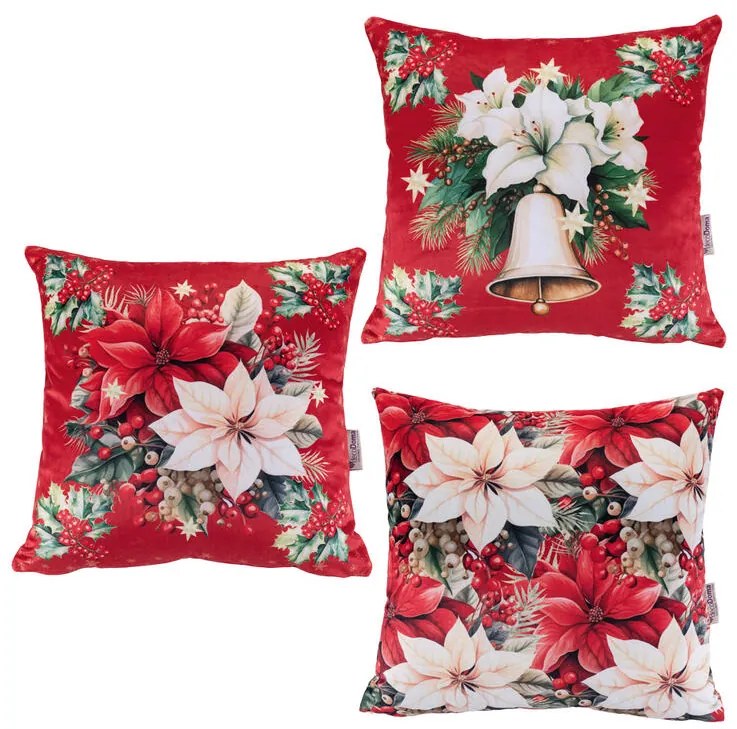 Sada 3 ks povlaků na polštářky RED POINSETTIA 45 x 45 cm